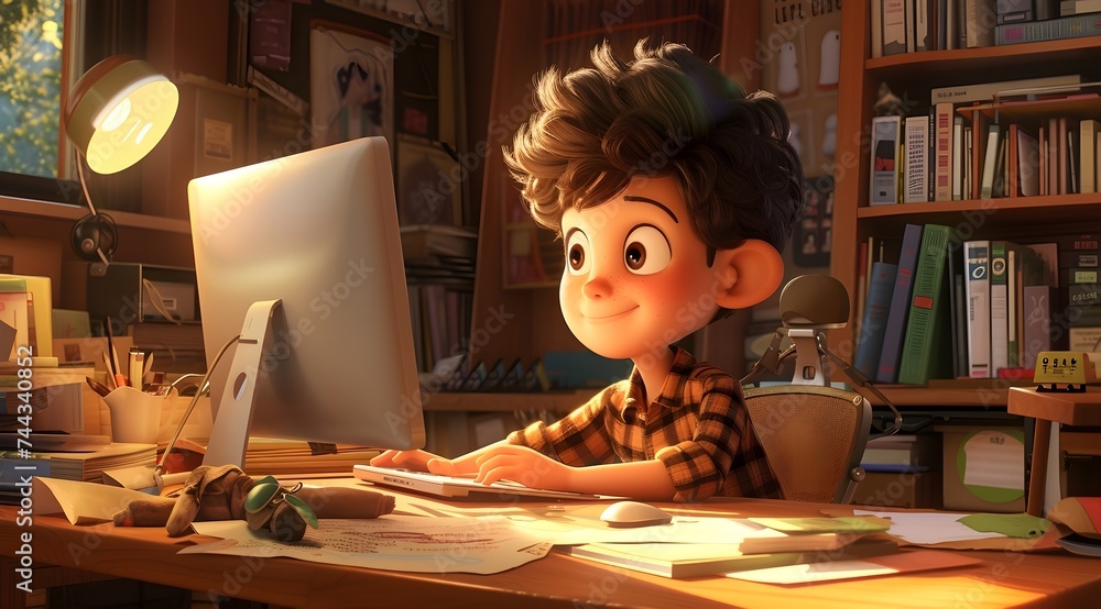 Cartoon character sitting on a chair using computer. Suitable for ...