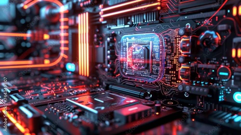 A 3D rendered image of a futuristic GPU integrated into an advanced ...