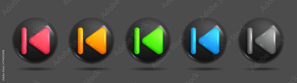 Sets of 3d icons of the previous button dark mode. 3d realistic modern ...