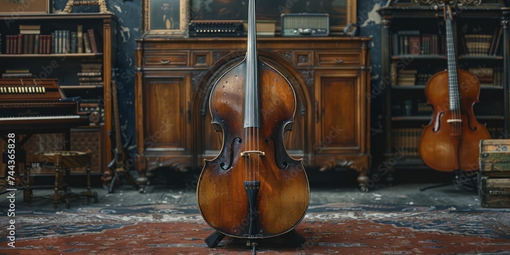 Musical instruments showcased against a deep indigo symmetrical ...