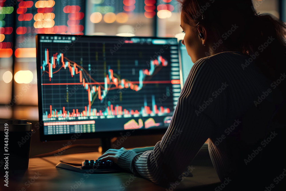 Serious professional examining complex stock charts on multiple ...