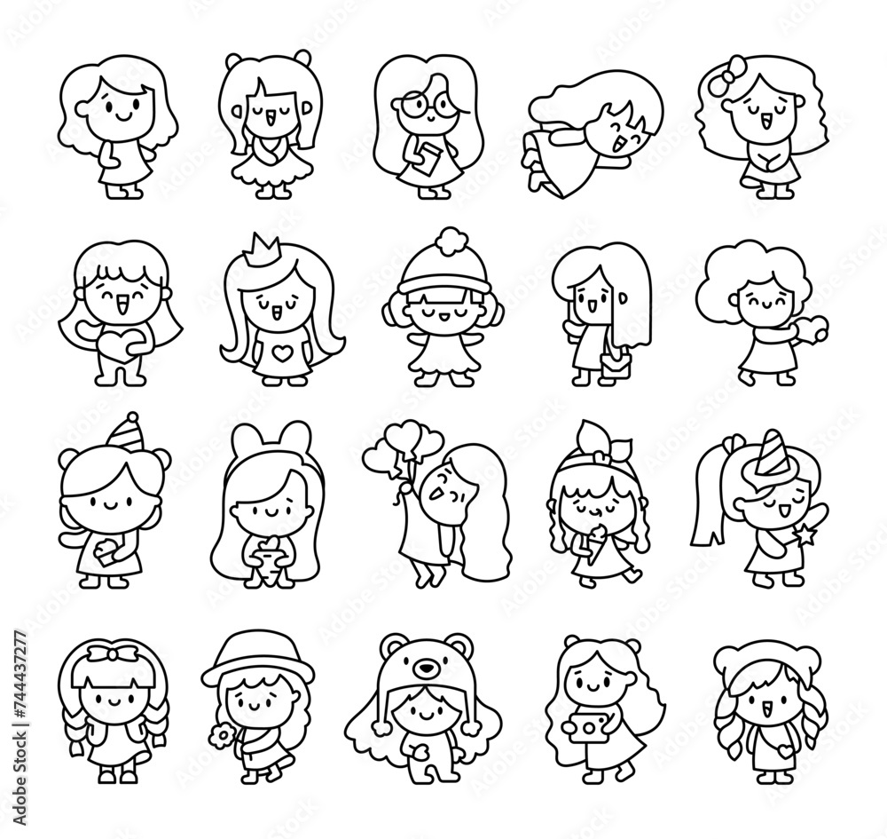 Cute kawaii little girl. Coloring Page. Happy kid cartoon character ...