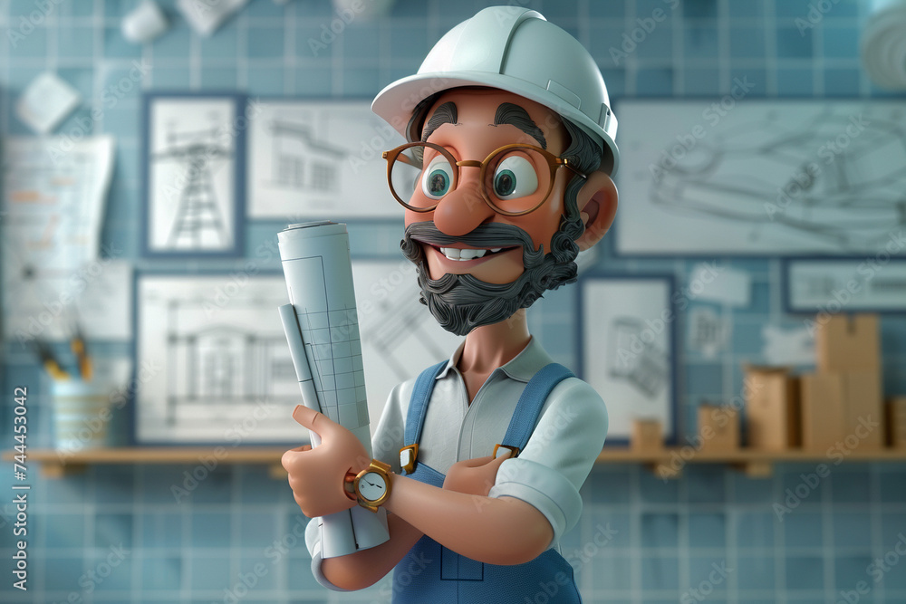 Cartoon-style 3D caricature of a beaming architect, holding blueprints ...