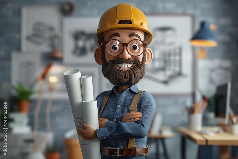 Cartoon-style 3D caricature of a beaming architect, holding blueprints ...