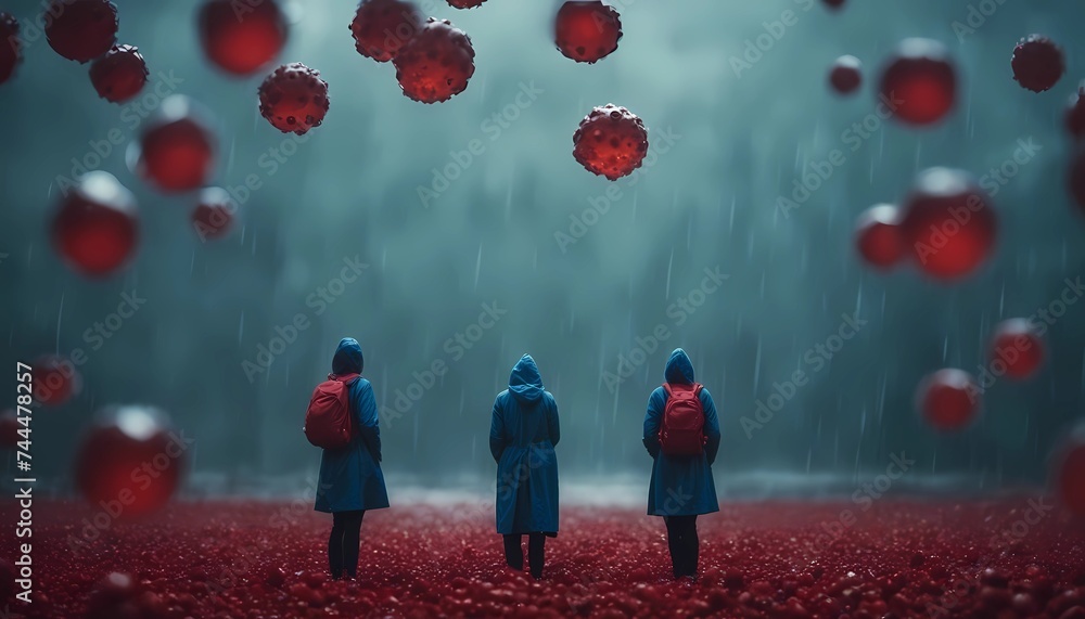 Corona virus. Couple with backpacks in a blue raincoat and mask is ...