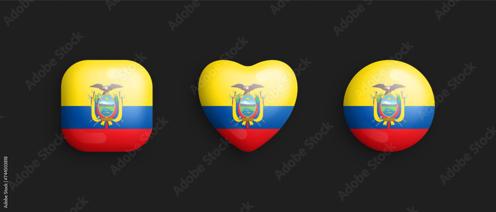 Ecuador Official National Flag 3D Vector Glossy Icons In Rounded Square, Heart And Circle Shapes ...