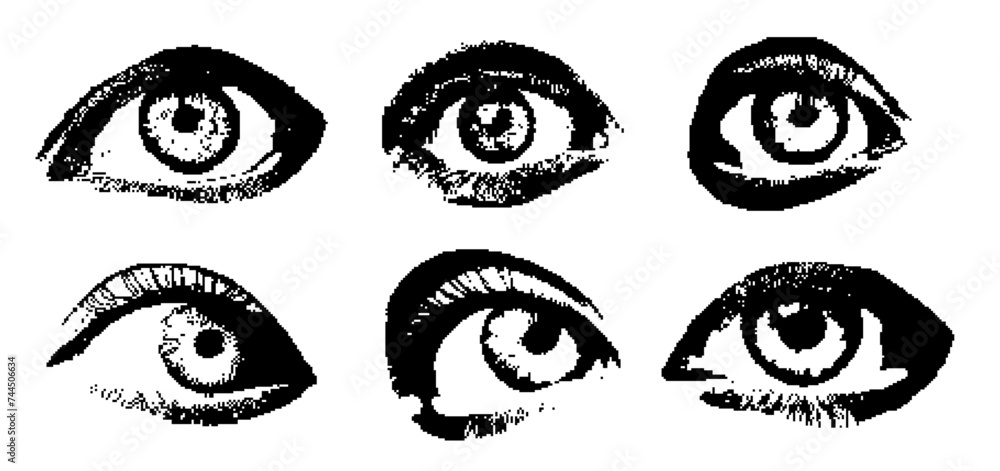 Eyes in pixel grunge photocopy glitch effect. Punk y2k anti-design ...