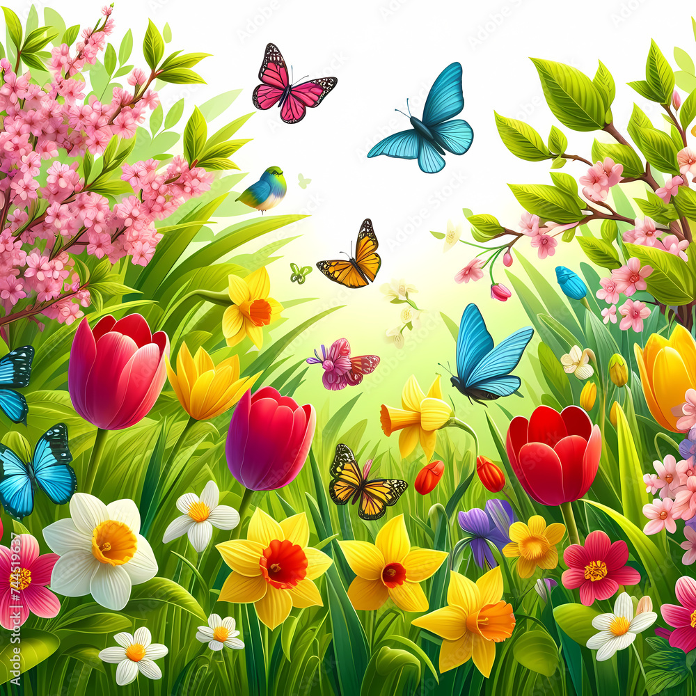 the essence of spring, featuring a vibrant scene bursting with new life ...