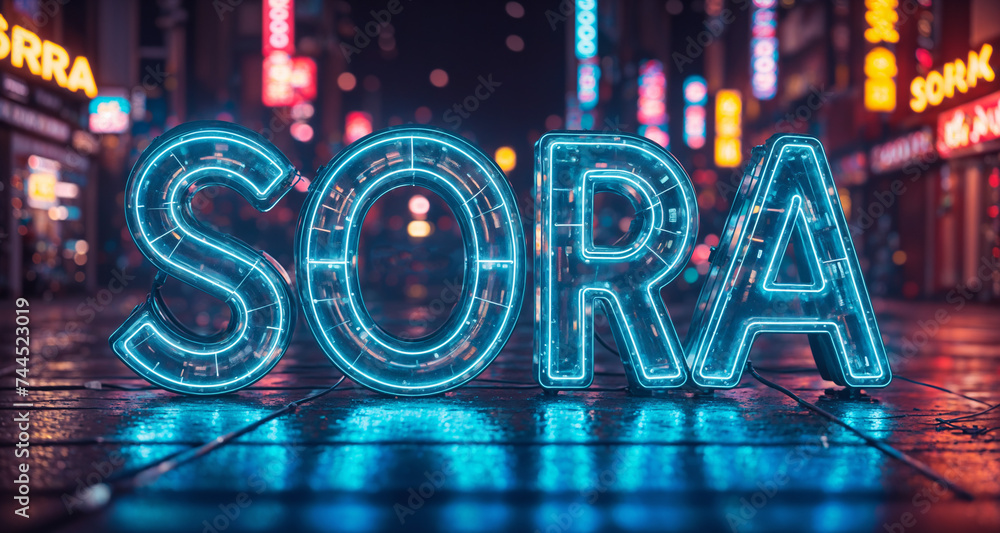illuminated text "SORA" in blue and white neon lights against a city ...