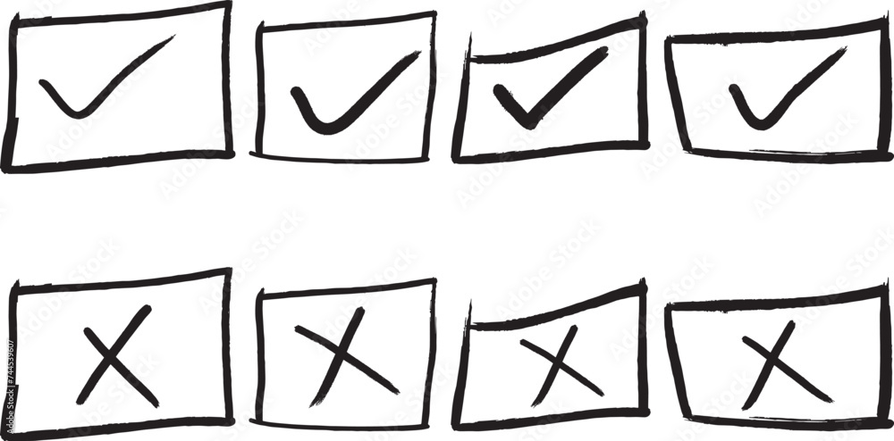 Checklist illustration, hand-drawn checkmarks and x marks, black and white sketch, simple ...