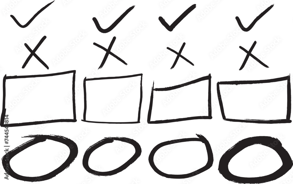 Checklist illustration, hand-drawn checkmarks and x marks, black and ...