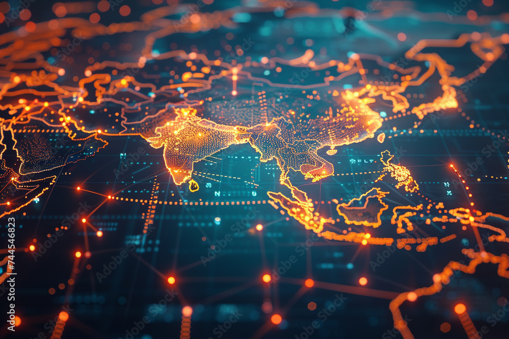 a detailed digital map of Asia showcasing glowing digital connections ...