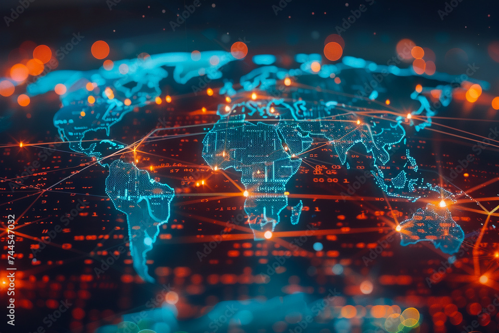 an intricate digital world map with glowing connections and data ...