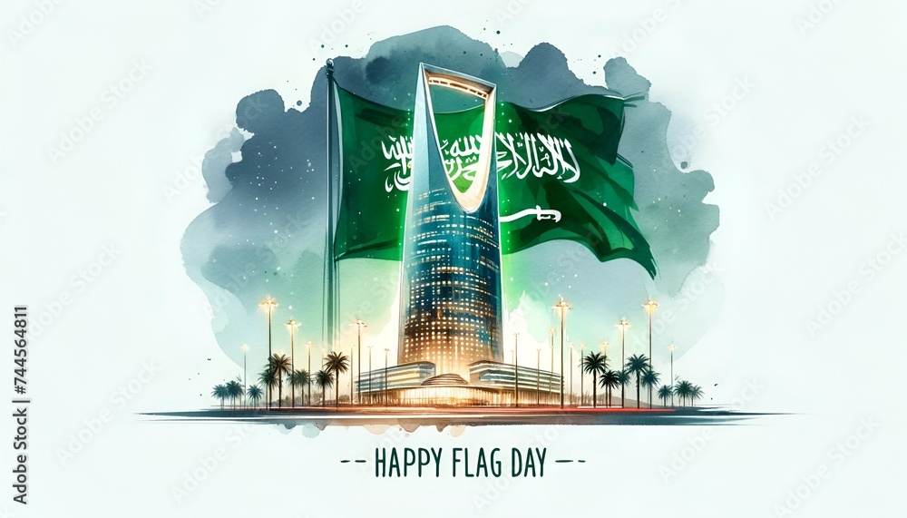 Watercolor illustration of a skyscraper with waving saudi arabia flag ...