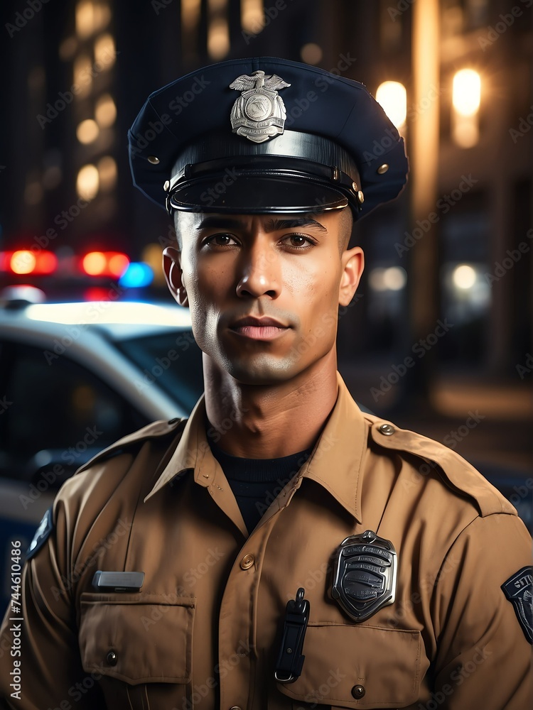 Portrait of a handsome mixed race police officer man on uniform on a ...