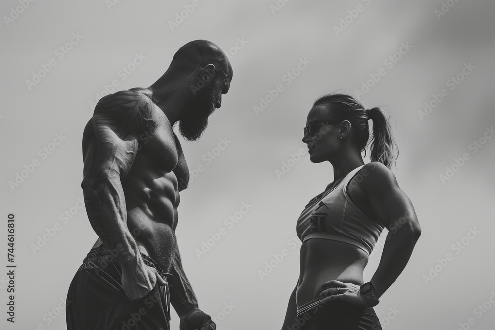 fitness couple: shirtless bodybuilder and fit woman wearing sportswear ...