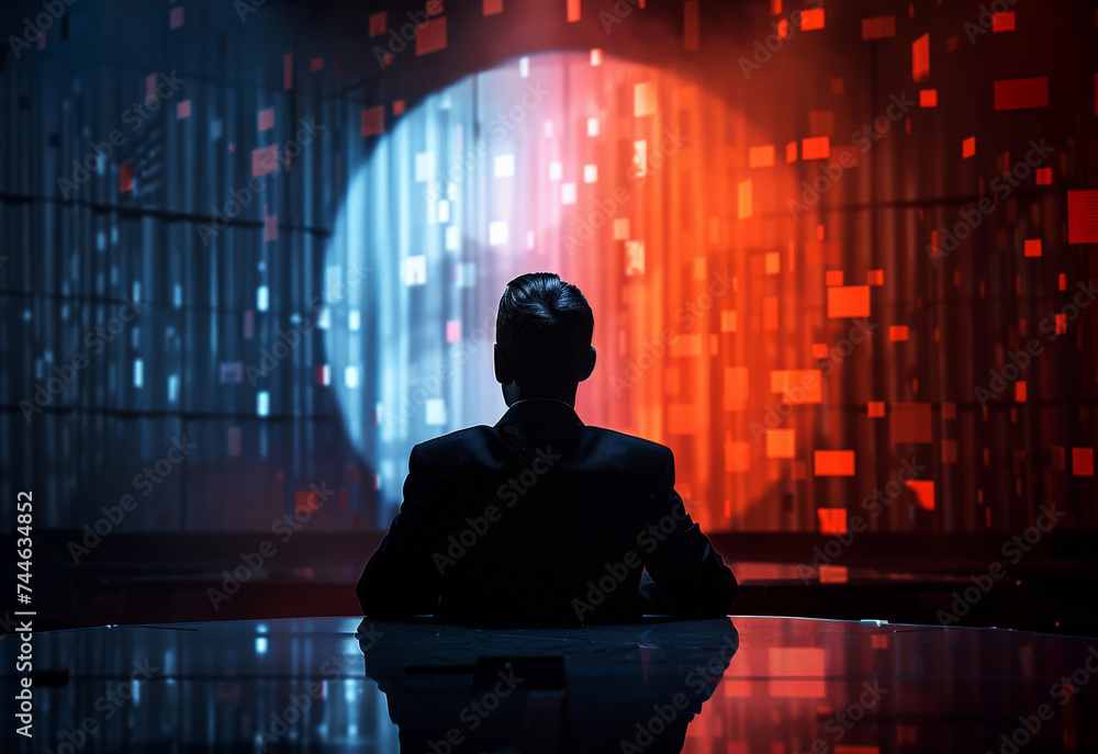 Silhouette Against Digital Data Deluge. A man's silhouette against a ...