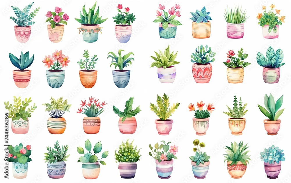 watercolor painting style illustration of cute boho flower pot plants ...