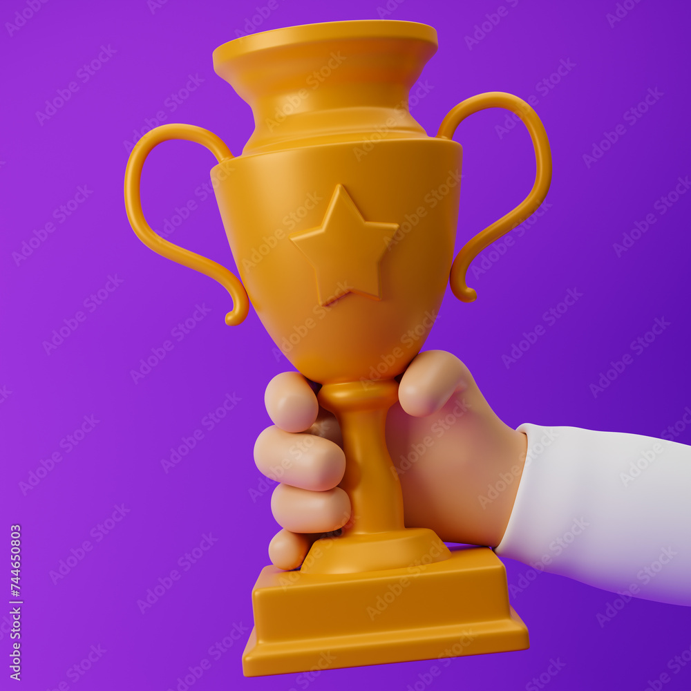 Cartoon hand holding trophy cup isolated over purple background. Mockup ...