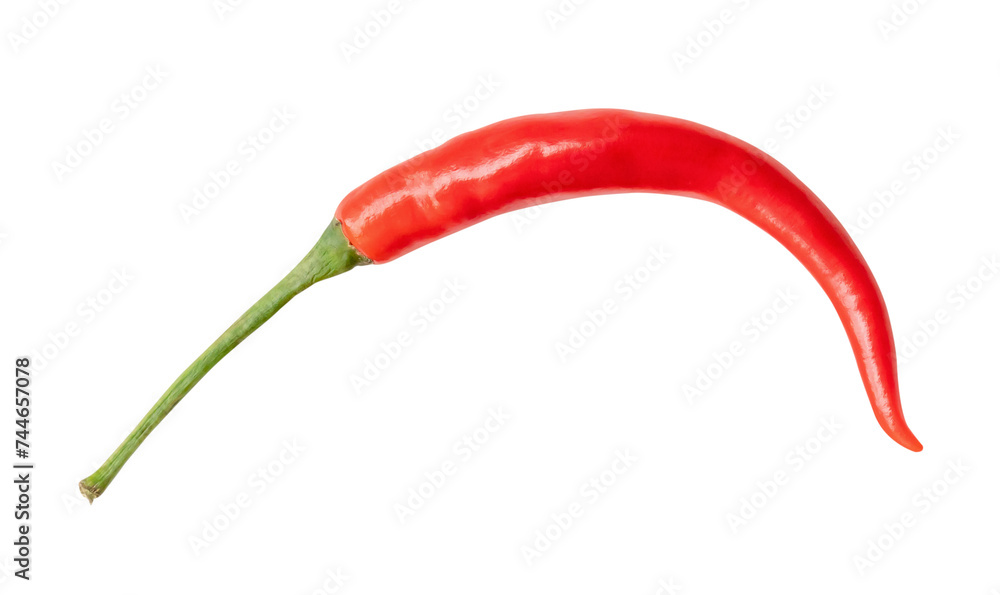 Top view and flat lay of single fresh red curved chili pepper isolated ...