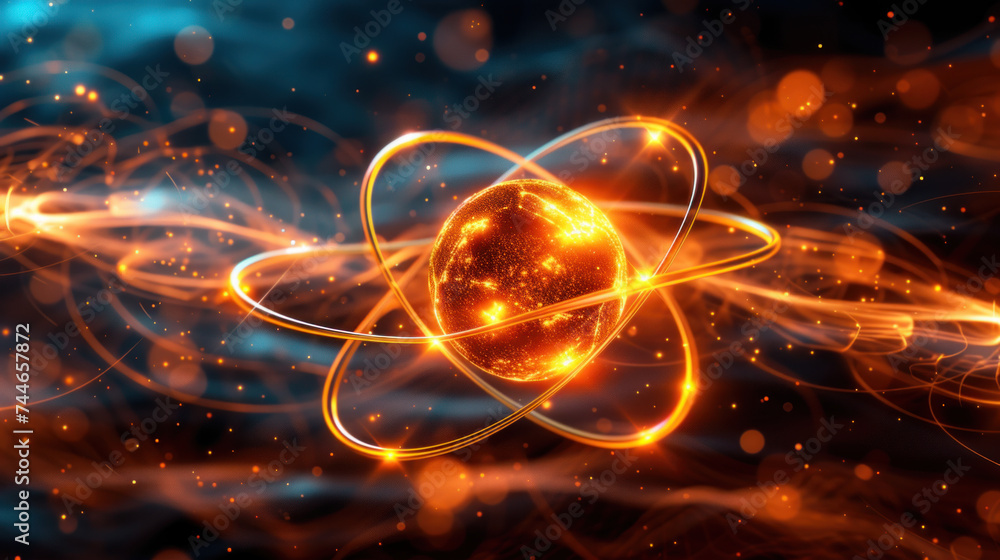 Nano size object, yellow atom concept, nanotechnology, nuclear physics ...