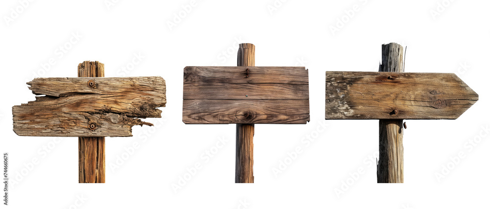 Collection of wooden direction signs with poles, isolated on white or ...