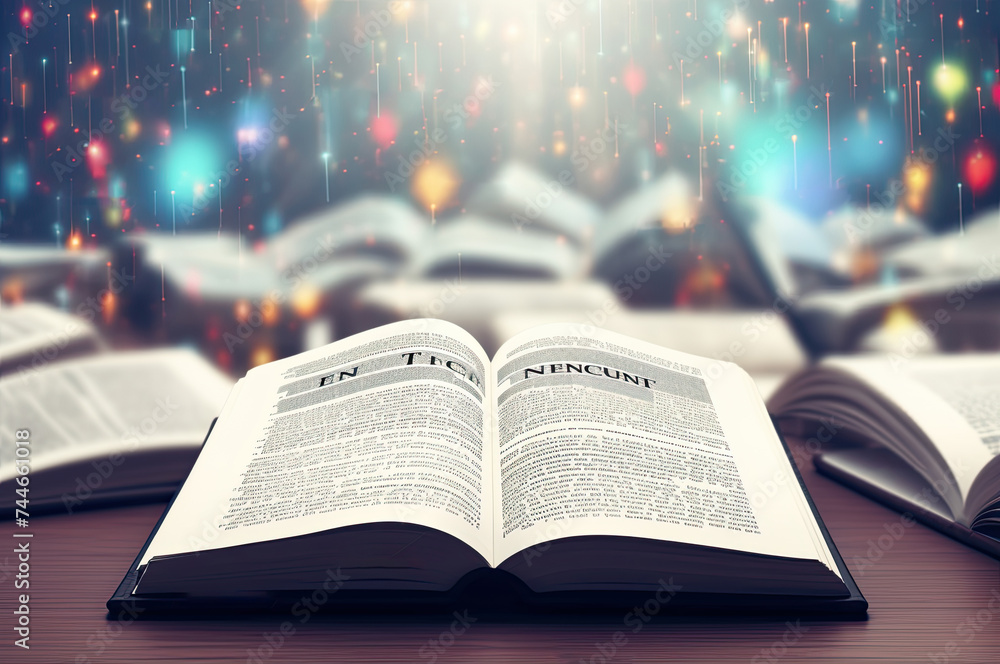 Open Book on the Library Table with Bookshelf Blur Background, on World ...