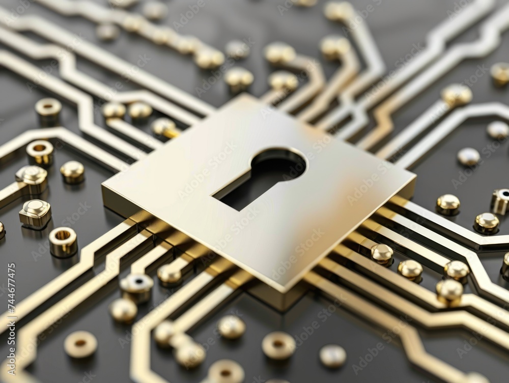 Golden Key on Futuristic Circuit Board.A close-up view of a golden lock ...