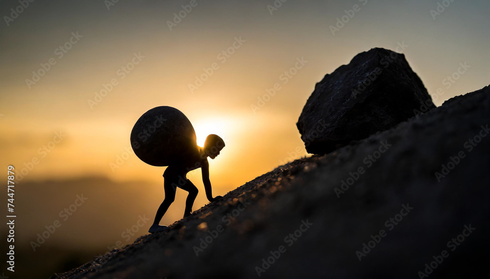 Silhouette pushing rock uphill, symbolizing resilience and perseverance ...