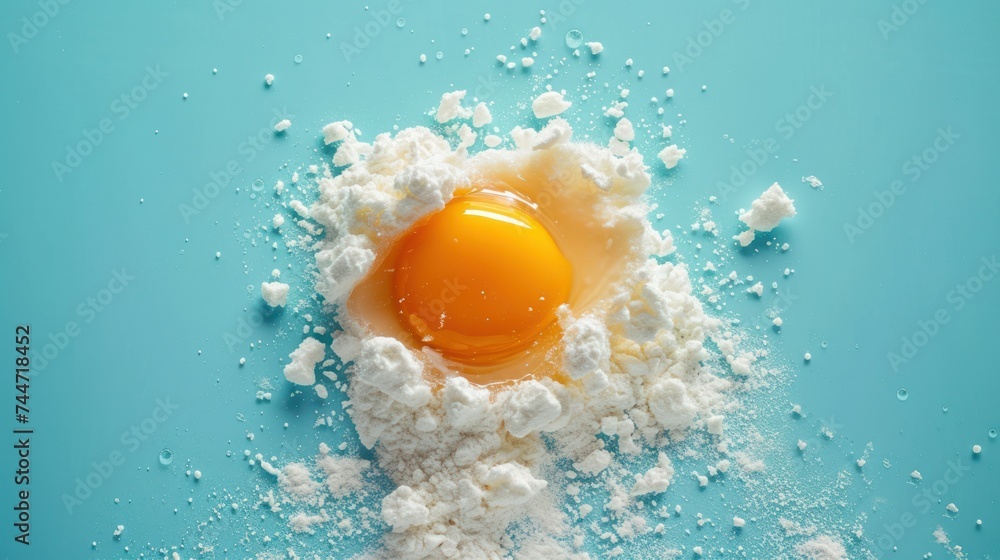 an egg laying on top of a pile of white powder on top of a blue surface ...