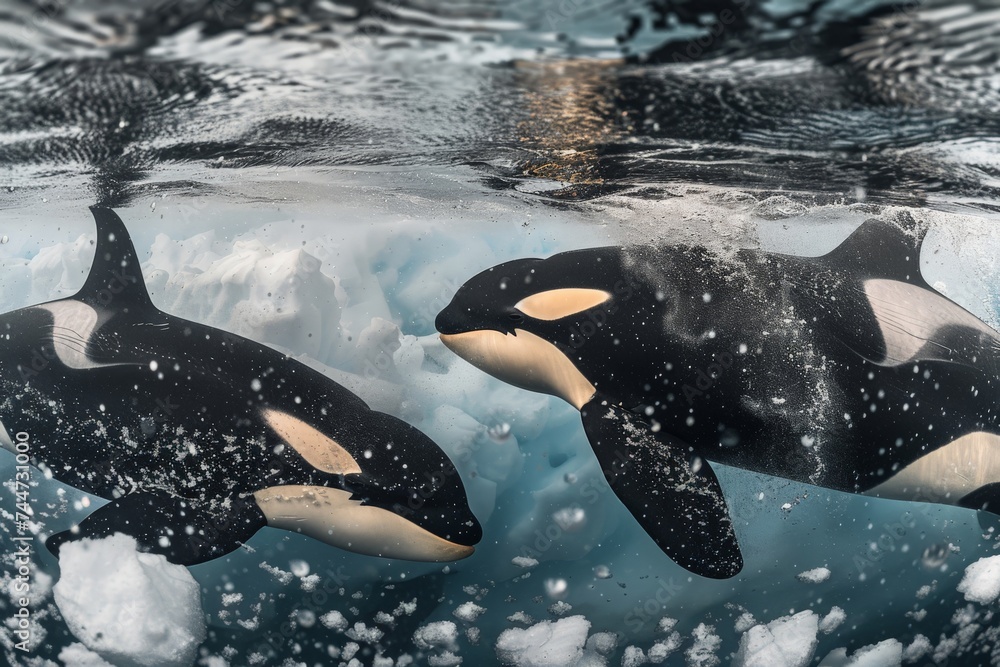 An orca pod swimming in the cold blue waters of the Arctic, their black ...