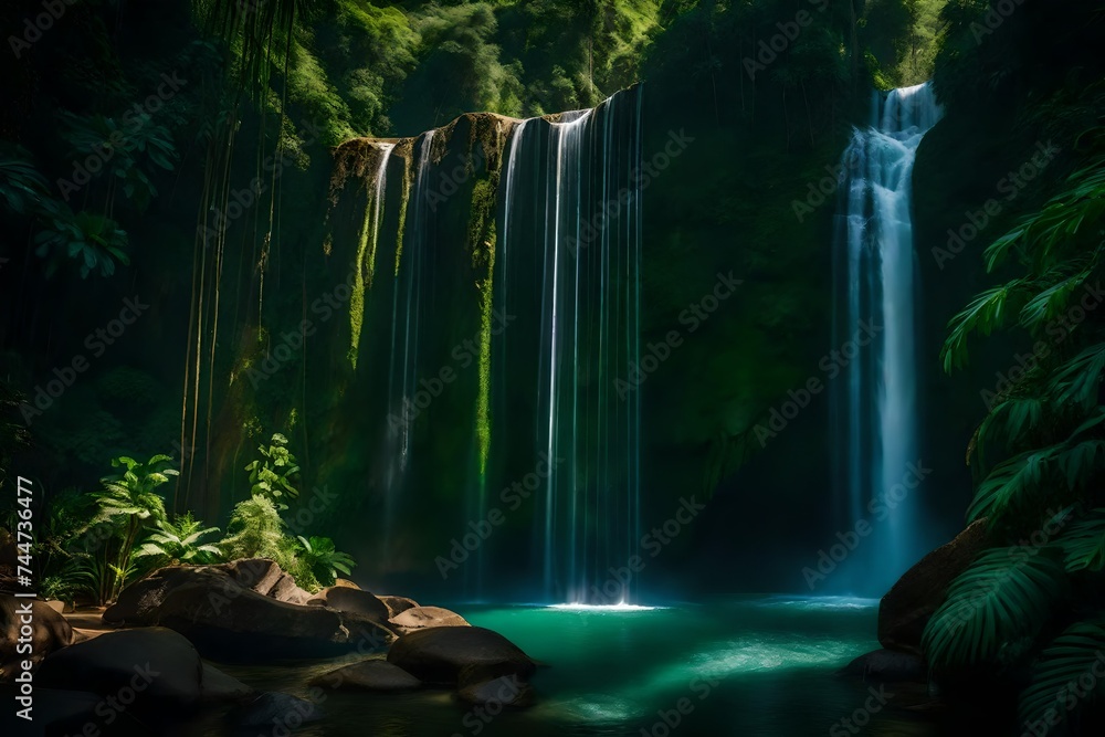 In the heart of a dense jungle, a powerful waterfall crashes down into ...