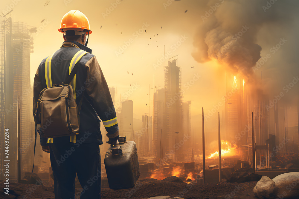 World Day for Safety and Health at Work. A man in a protective suit and ...