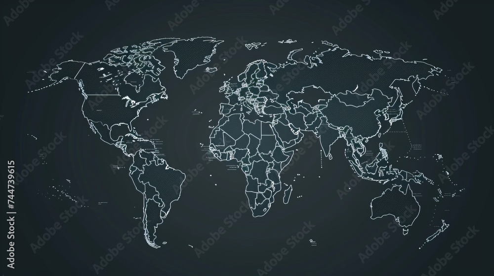 High detail vector world map with thin white outlines: minimalistic ...
