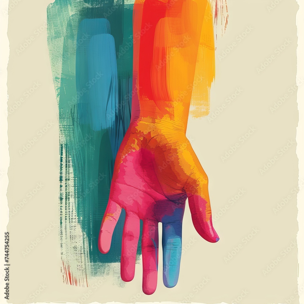 The hand is painted in bright colors of the rainbow with painterly ...