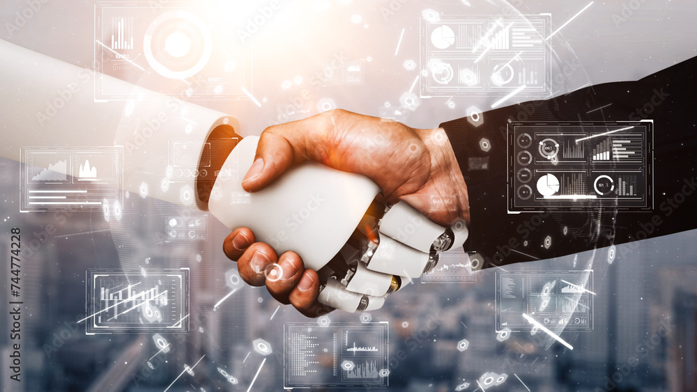 XAI 3d illustration hominoid robot handshake to collaborate future ...