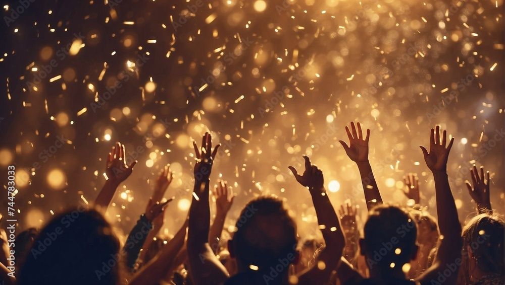 people celebrate in a night party hands up blur lights background gold ...