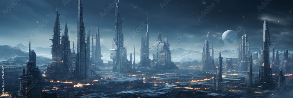 Futuristic City with Mountains - Science fiction landscape with an ...