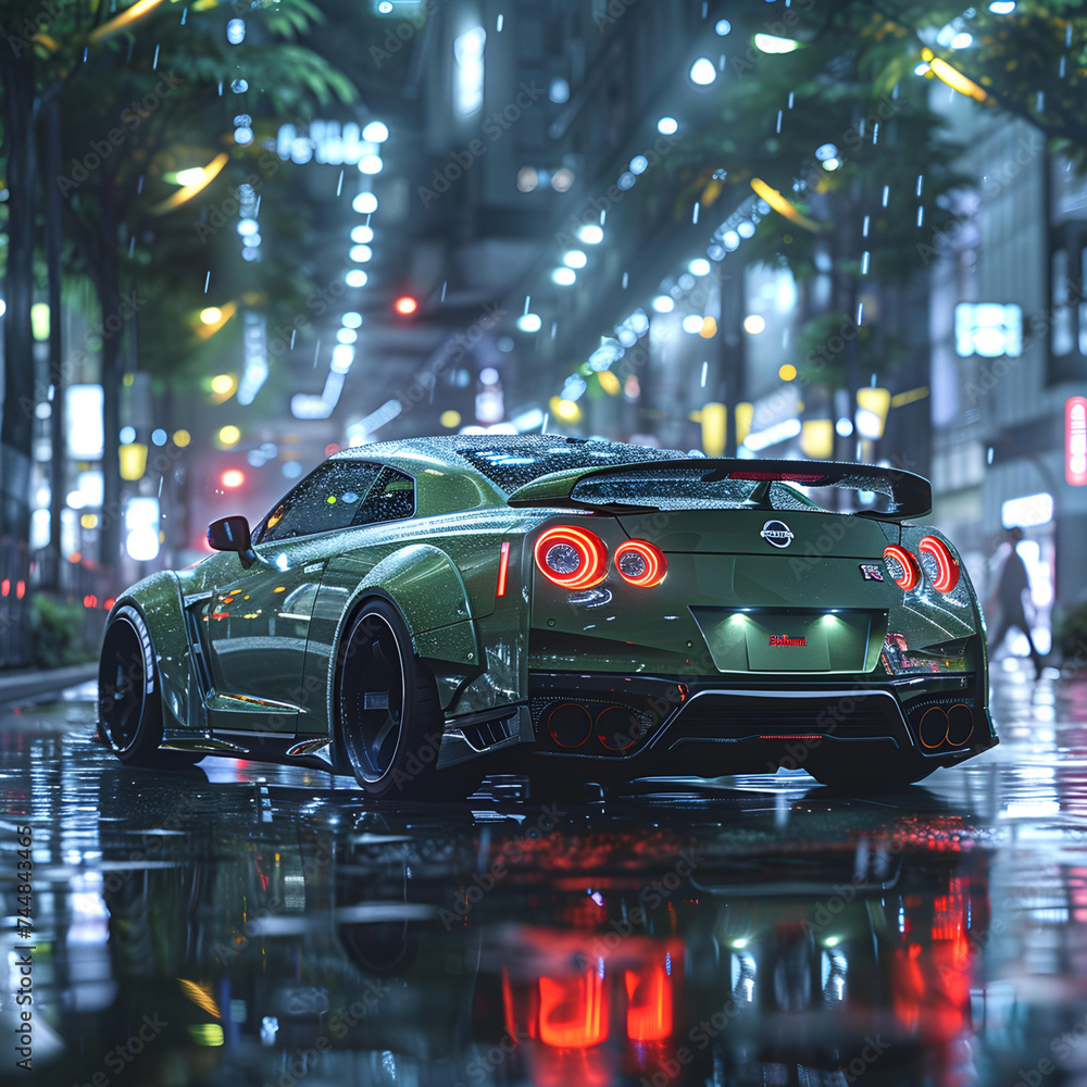 Olive Nissan GTR with wide bodykit and stance silver wheels, shot under ...