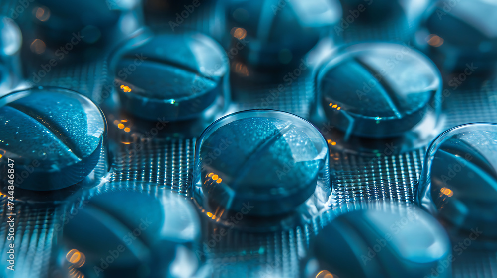 The image shows a close-up view of blue pills packaged in a blister ...