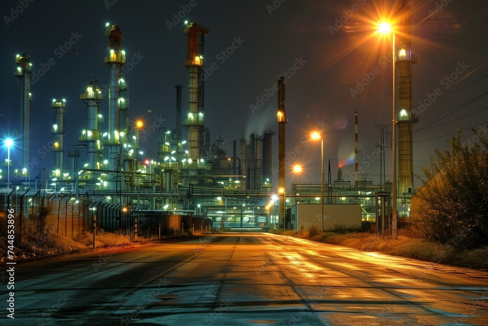 Illuminated oil refinery complex with fractionating columns and flare ...