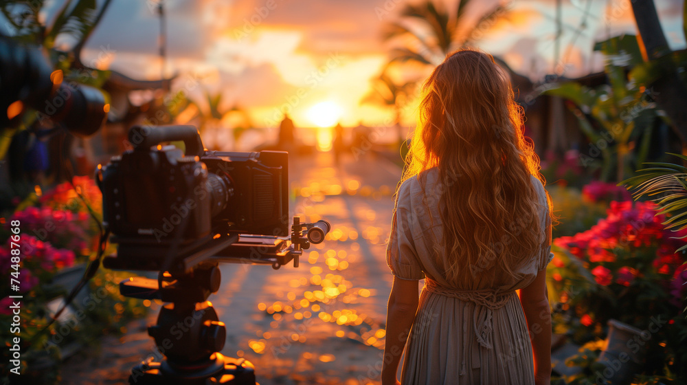 Video camera filming actress woman acting for a movie in a luxury hotel ...