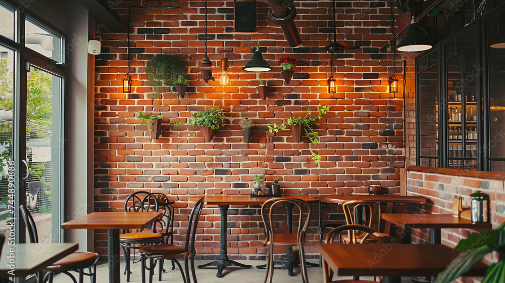 Sleek Cafe Design with Rustic Brick Wall Stock Photo | Adobe Stock