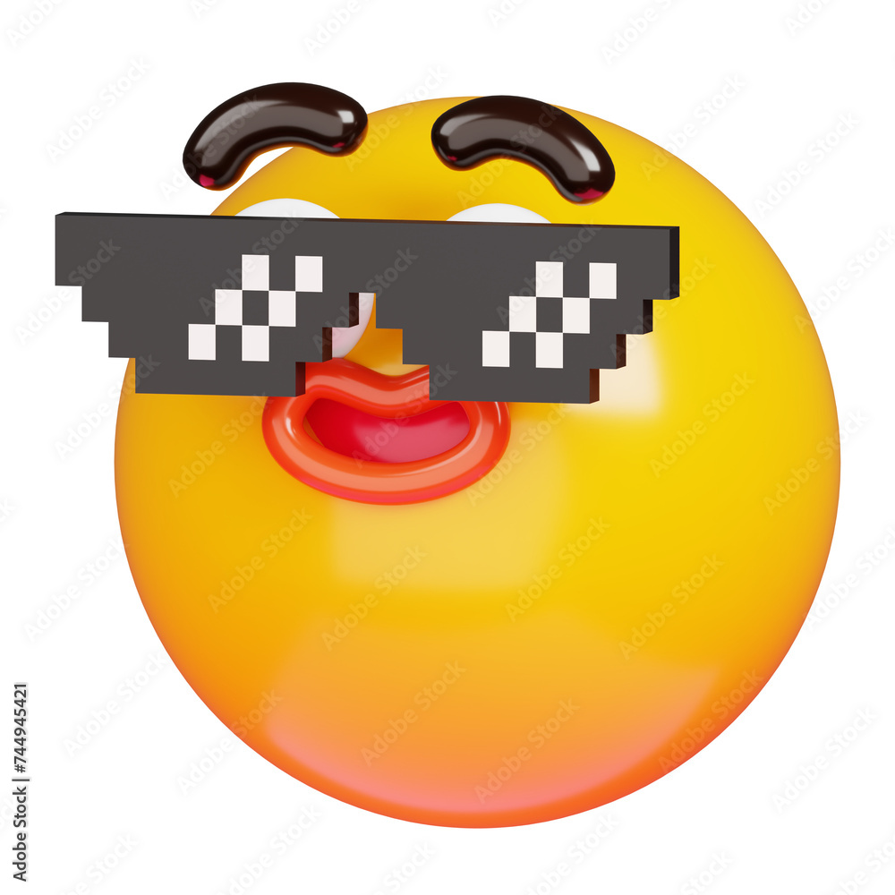 Cool Face Emoji with Pixel Sunglasses 3d rendering of emoticon on ...