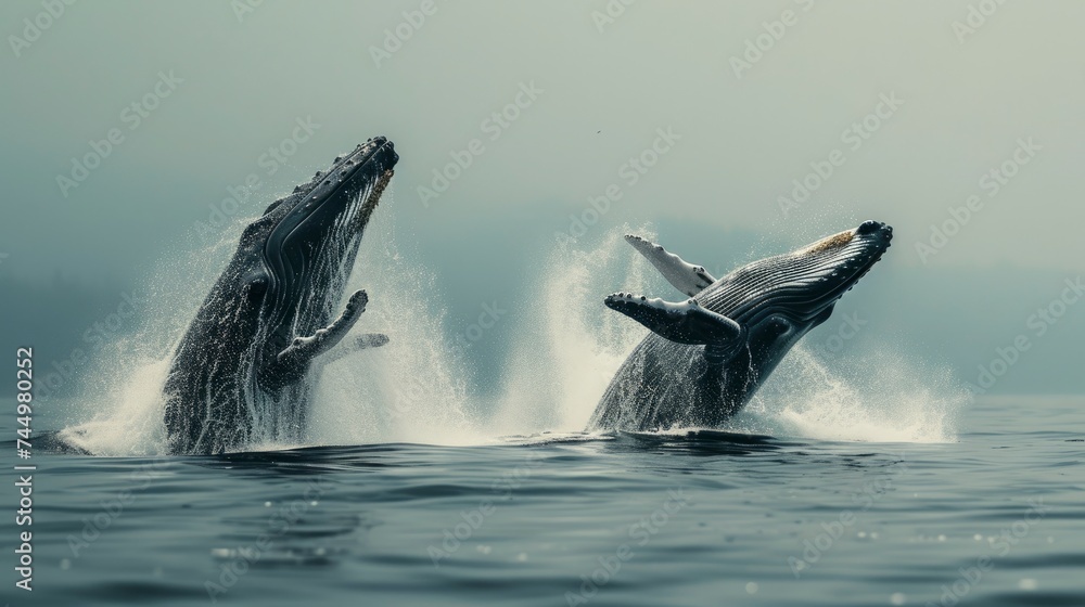 a pod of whales breaching the surface of the ocean. The splash of the ...