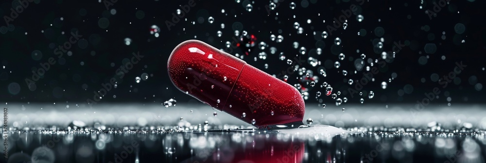 A shiny red and white blood capsule bursting with effervescence on a ...