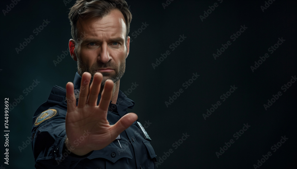 Man wearing police uniform doing stop sign with the palm of the hand ...