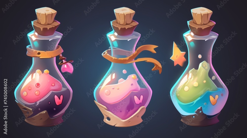 Cartoon game potion bottle filled with sparkling colorful power up ...