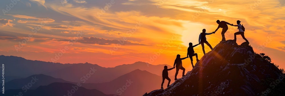 Panoramic view of team of people holding hands and helping each other ...