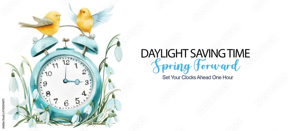 Daylight saving time begins banner. Spring forward reminder card with ...
